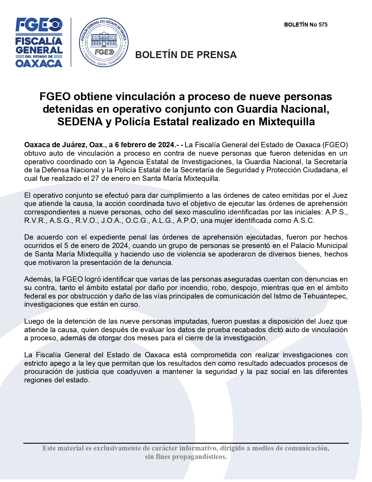 FGEO obtiene vinculación a proceso de nueve personas detenidas en ...